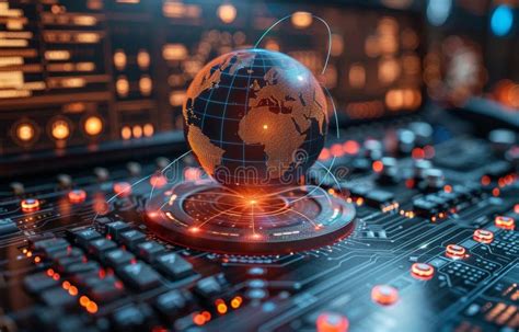 Futuristic Digital Globe Interface On Circuit Board With Data Visualization And Technology