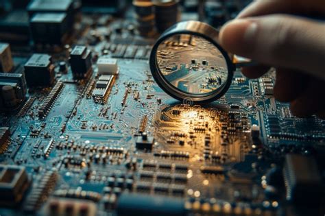 Technician Examining Motherboard Components With Magnifying Glass Stock