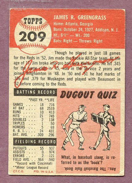 1953 Topps Baseball 209 Jim Greengrass Reds Ex 448473 Kit Young Cards