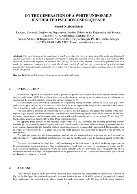 Pdf On The Generation Of A White Uniformly Distributed Pseudonoise Sequence