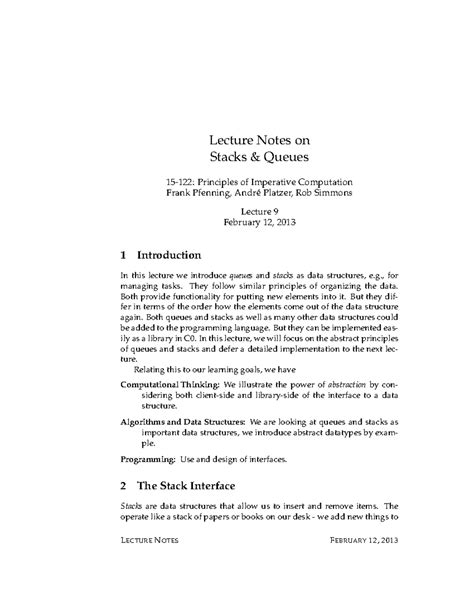 09 Queuestack Data Structure Chapater 5 Lecture Notes On Stacks And Queues 15 122 Principles