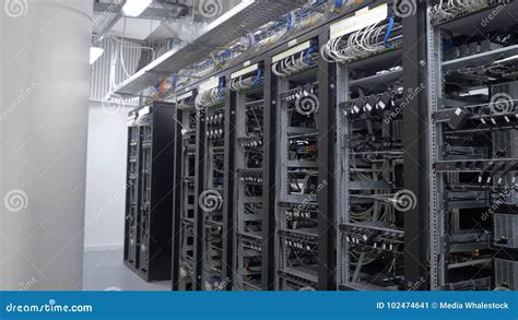 Device For Mining Crypto Currency Row Of Bitcoin Miners Set Up On The
