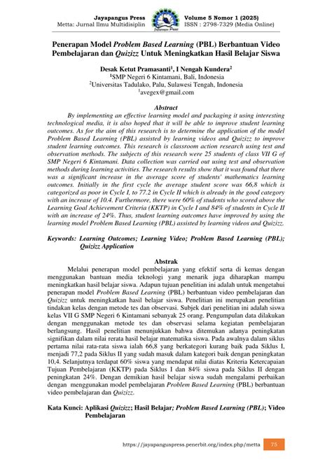 Pdf Penerapan Model Problem Based Learning Pbl Berbantuan Video