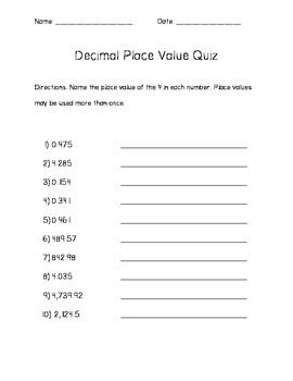 Decimal Place Value Quiz And Answer Key 10 Questions By Olivia Taylor