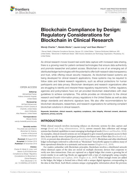 Pdf Blockchain Compliance By Design Regulatory Considerations For Blockchain In Clinical Research