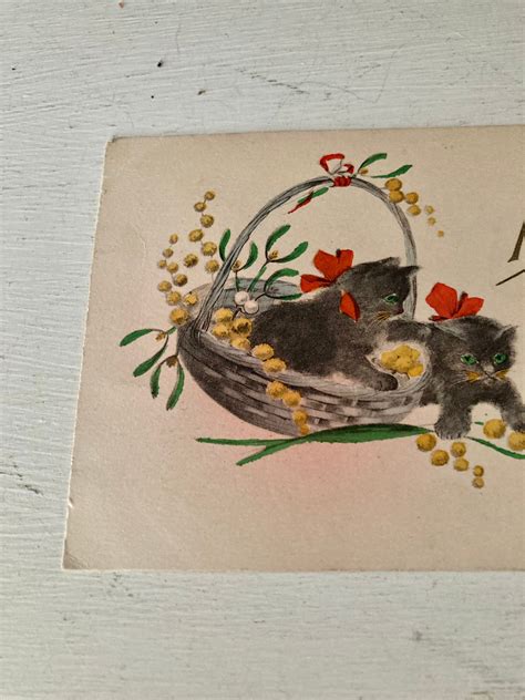 黒猫のポストカード ヤドリギとミモザ フランスアンティーク La Pièce Antiquités Brocante