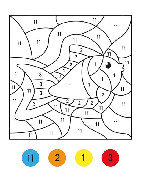 숫자별 색상 활동 아이들을 위한 코드별 색상 활동 물고기 색칠 페이지 벡터 프리미엄 벡터