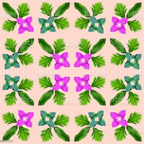 열대 이국적인 식물 잎 녹색 잎 패턴은 자연 개념 섬유 및 직물 디자인을 위한 추상적인 배경 분홍색 배경에 격리된 새로운 색상으로 만들어집니다 0명에 대한 스톡 사진 및