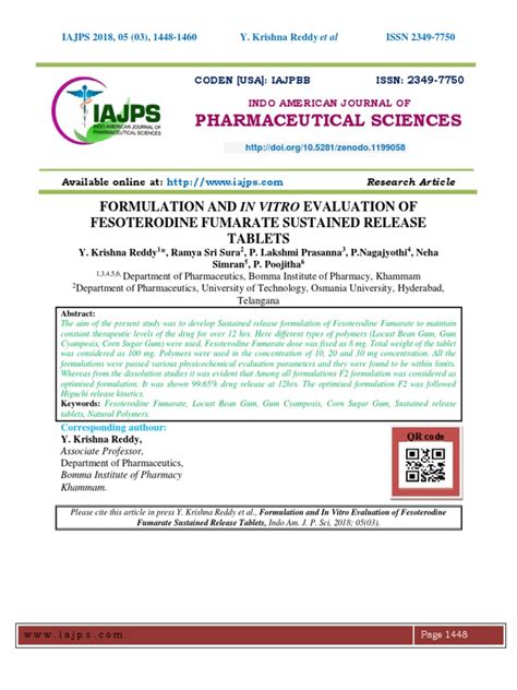 Formulation And In Vitro Evaluation Of Fesoterodine Fumarate Sustained Release Tablets Pdf