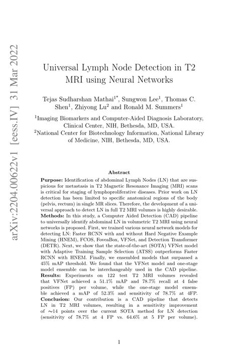 Pdf Universal Lymph Node Detection In T2 Mri Using Neural Networks