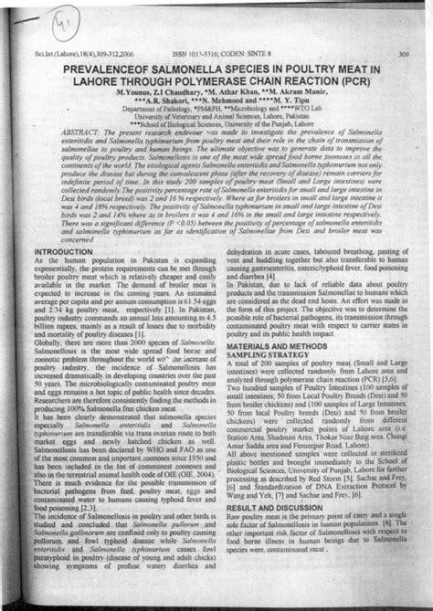 Pdf Prevalence Of Salmonella Species In Poultry Meat In Lahore Through Polymerase Chain