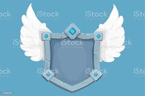 돌 방패 보석과 날개가 있는 프레임은 배경에 격리된 만화 스타일의 게임 보상 보드입니다 매직 로얄 자산 템플릿입니다 벡터 그림