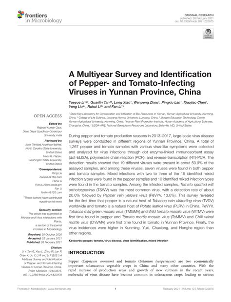 Pdf A Multiyear Survey And Identification Of Pepper And Tomato Infecting Viruses In Yunnan