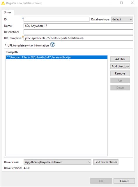 Register New Database Driver Sapjdbc4sqlanywhereldriver Knime