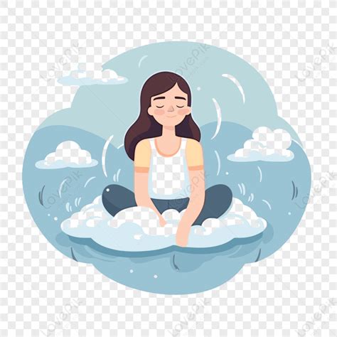 심호흡 클립 아트 요가 포즈 만화에 앉아 구름에서 명상에 진정 행복 한 젊은 여자 벡터