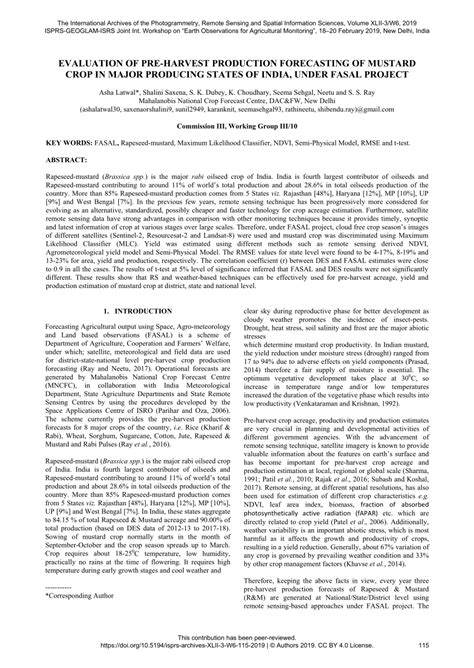 Pdf Evaluation Of Pre Harvest Production Forecasting Of Mustard Crop
