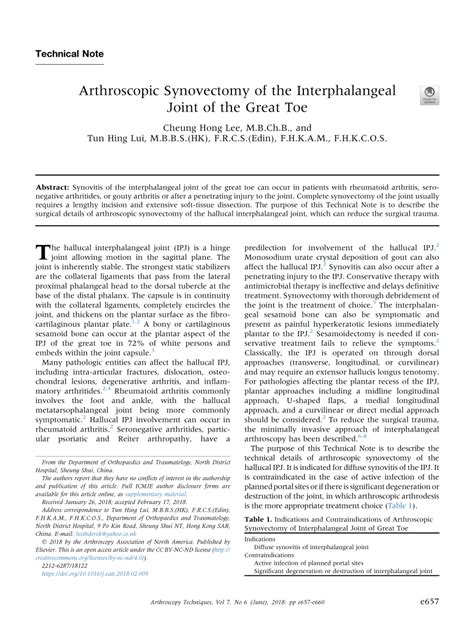 Pdf Arthroscopic Synovectomy Of The Interphalangeal Joint Of The Great Toe