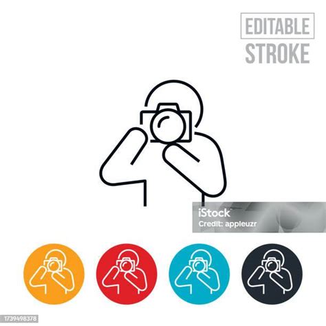 Dslr 카메라를 사용하여 사진을 찍는 사진 작가 가는 선 아이콘 편집 가능한 획 높게 들기에 대한 스톡 벡터 아트 및 기타 이미지 높게 들기 디자인 디지털 일안
