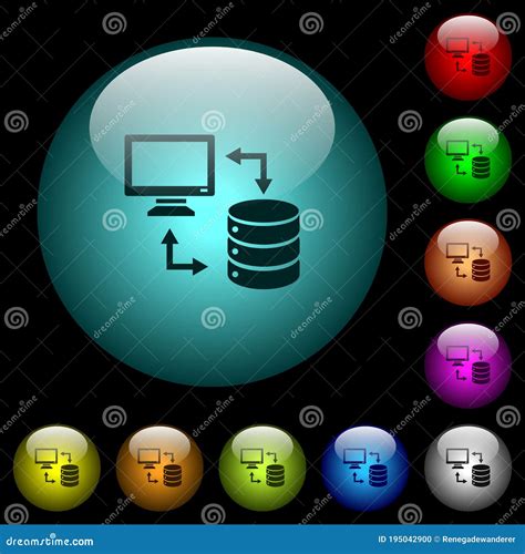 Syncronize Data With Database Icons In Color Illuminated Glass Buttons Stock Vector
