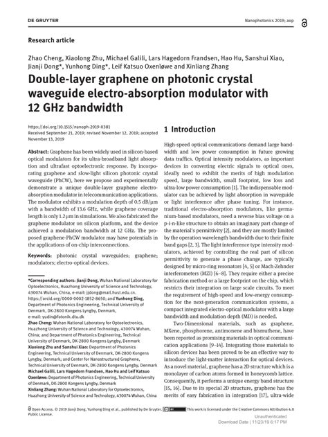 Pdf Double Layer Graphene On Photonic Crystal Waveguide Electro Absorption Modulator With 12