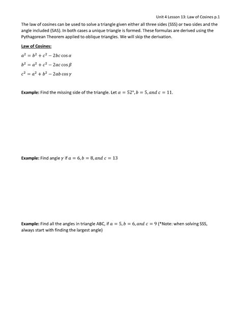Precal Trig 1720 Unit 4 13 Law Of Cosines Unit 4 Lesson 13 Law Of