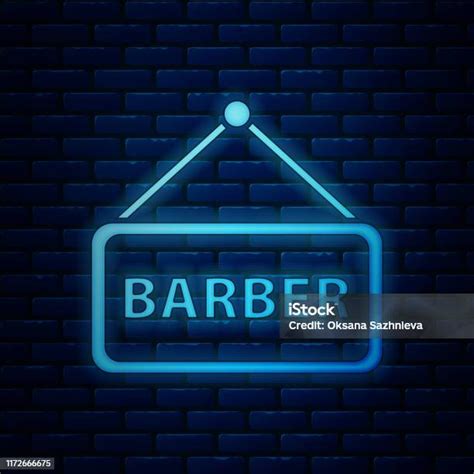 벽돌 벽 배경에 격리 빛나는 네온 이발소 아이콘 미용사 로고 또는 간판 벡터 일러스트레이션 0명에 대한 스톡 벡터 아트 및 기타 이미지 Istock