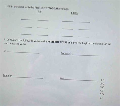 Solved: 1. Fill in the chart with the PRETERITE TENSE AR endings. AR ...