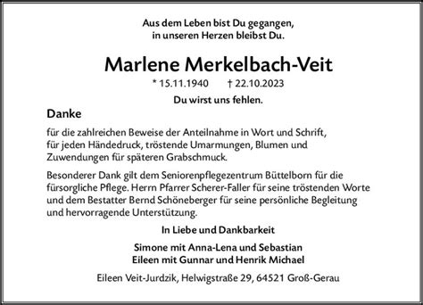 Traueranzeigen Von Marlene Merkelbach Veit Vrm Trauerde