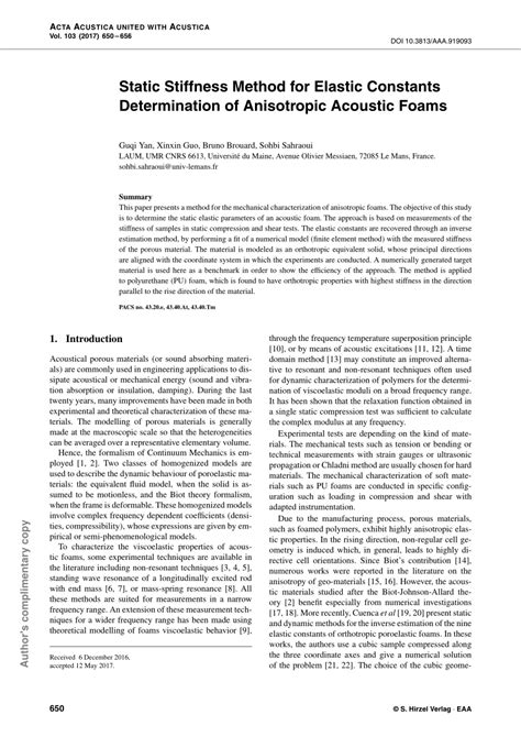 Pdf Static Stiffness Method For Elastic Constants Determination Of Anisotropic Acoustic Foam