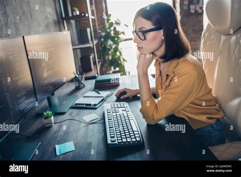 Profile Portrait Of Minded Serious Lady Database Editor Hand Chin Look Monitor Office Building