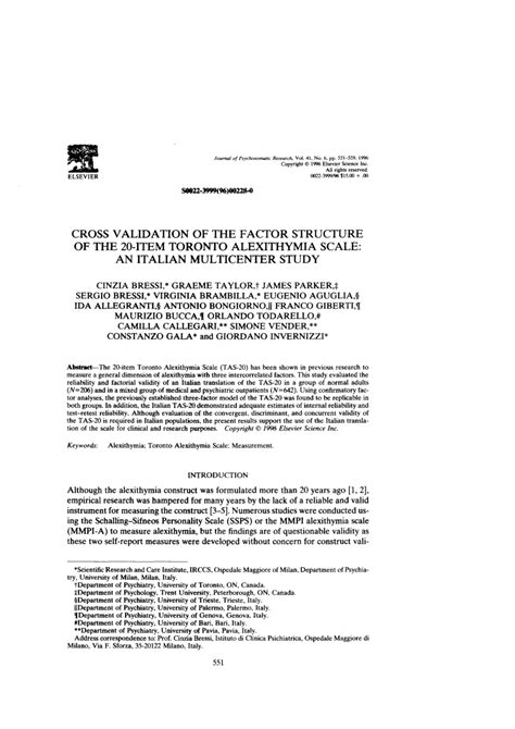 Pdf Cross Validation Of The Factor Structure Of The 20 Item Toronto Alexithymia Scale An