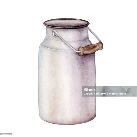 수채화 그림 금속 우유 캔 흰색 배경에 고립된 수채화로 그려진 컨테이너입니다 유기농 식품을 위한 농장 주전자 손으로 그린 스케치