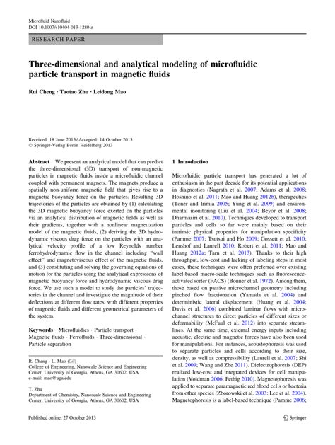 Pdf Three Dimensional And Analytical Modeling Of Microfluidic Particle Transport In Magnetic