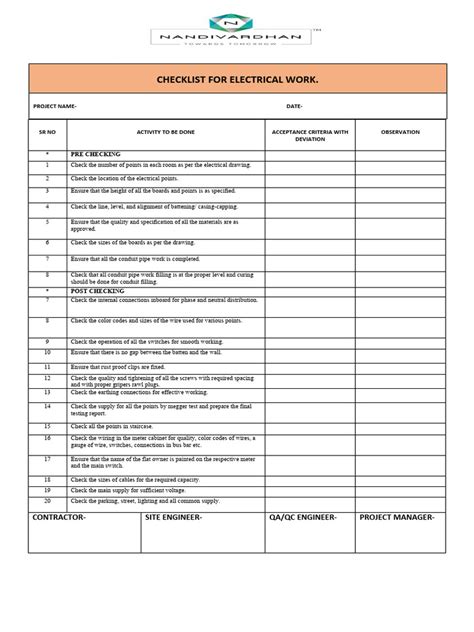 Checklist For Electrical Work Pdf Electrical Wiring Electromagnetism