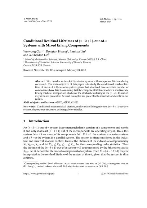 Pdf Conditional Residual Lifetimes Of N K 1 Out Of N Systems With