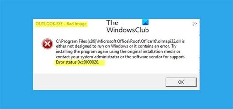 Outlook Exe Bad Image Error Status 0xc0000020 On Windows