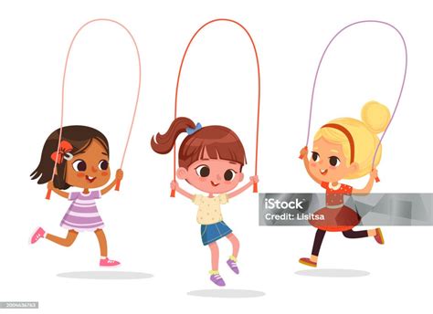 행복 한 귀여운 어린이 소녀들이 줄넘기를 합니다 줄넘기를 하는 아이들의 만화 그림 벡터 아이에 대한 스톡 벡터 아트 및 기타 이미지 아이 줄넘기 밧줄 여가활동 게임