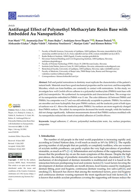 Pdf Antifungal Effect Of Polymethyl Methacrylate Resin Base With Embedded Au Nanoparticles