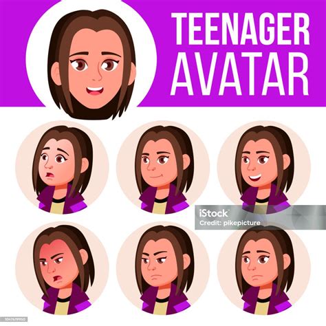 하이 틴 소녀 아바타 설정된 벡터입니다 얼굴의 감정 머리 아이콘입니다 유치 행복 즐거움 만화 머리 그림 건강한 생활방식에 대한 스톡 벡터 아트 및 기타 이미지 Istock