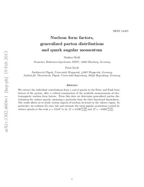 Pdf Nucleon Form Factors Generalized Parton Distributions And Quark Angular Momentum