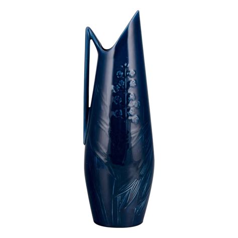 Rörstrand Large Vase Pitcher In Porcelain Floral Motifs Blue Glaze