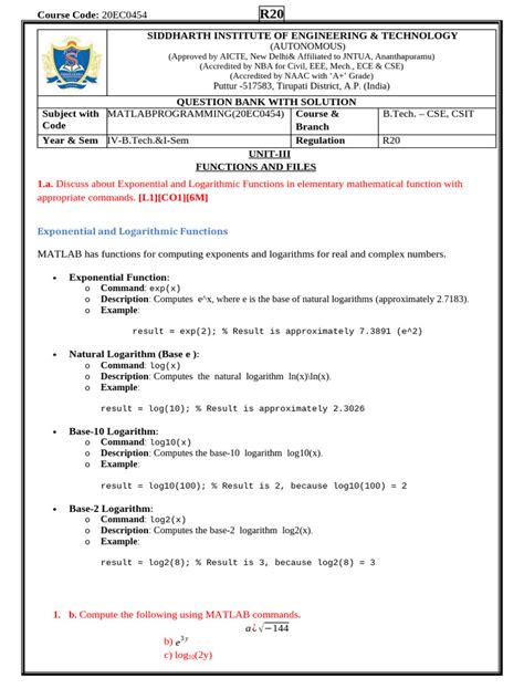 Matlab Unit 3 Questions With Answers Pdf Trigonometric Functions Complex Number