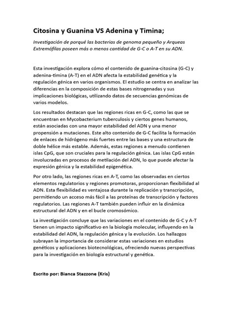 Citosina Y Guanina Vs Adenina Y Timina Bianca Stazzone Pdf Adn Adn Metilación