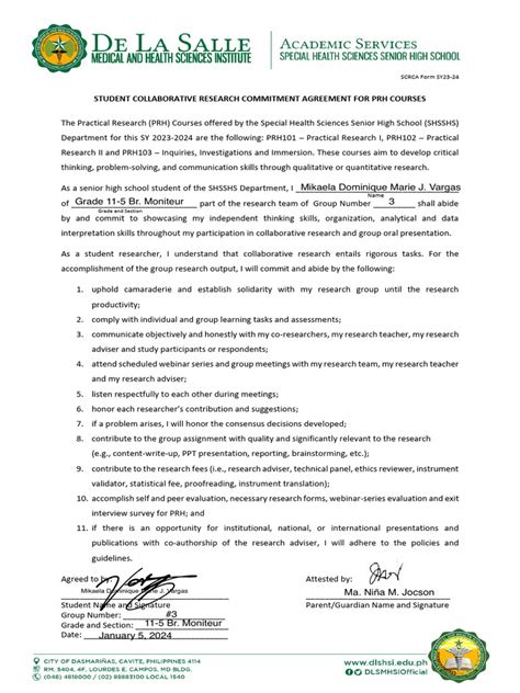Collaborative Research Commitment Agreement For Prh Courses Sy 2023 2024 1 Download Free Pdf