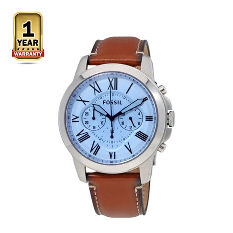 Fossil Fs5184 Leather Grant Chronograph Tiffany Quartz Watch Blue Dial