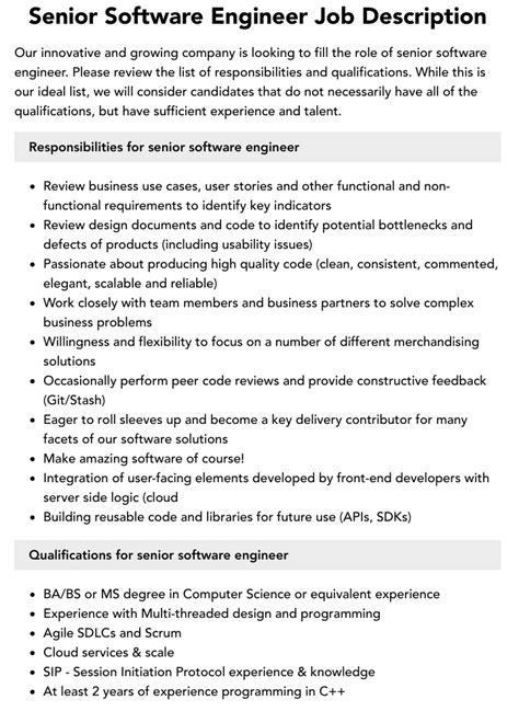 Senior Software Engineer Job Description Velvet Jobs