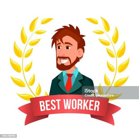 최고의 작업자 직원 벡터입니다 유럽 남자 관리자입니다 우승 트로피 가장 좋은 결과 금 화 환 수상 성공 비즈니스 만화 일러스트 레이 션 개념에 대한 스톡 벡터 아트 및 기타
