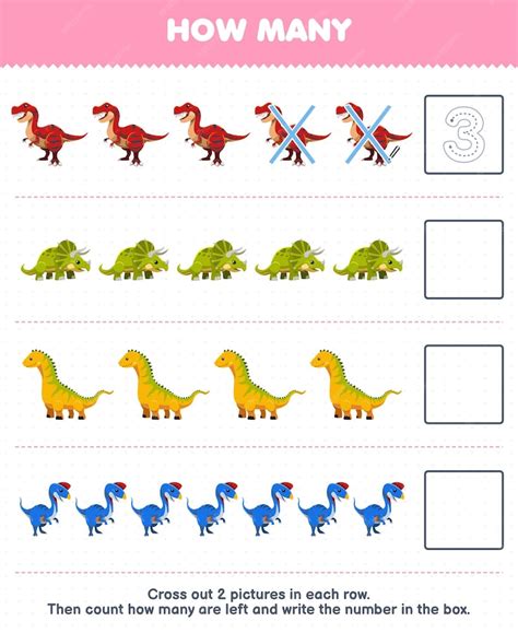 어린이를 위한 교육 게임은 귀여운 만화 티라노사우루스 트리케라톱스 Isisaurus Oviraptor의 수를 세고 인쇄 가능한