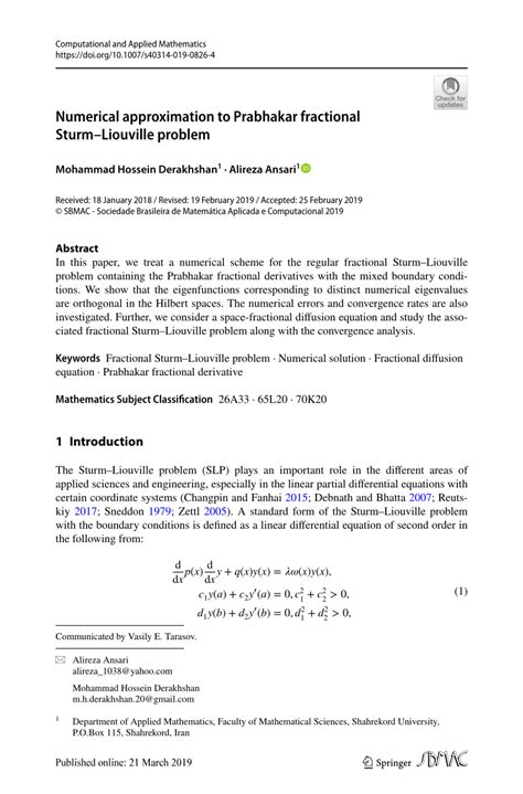 Pdf Numerical Approximation To Prabhakar Fractional Sturmliouville