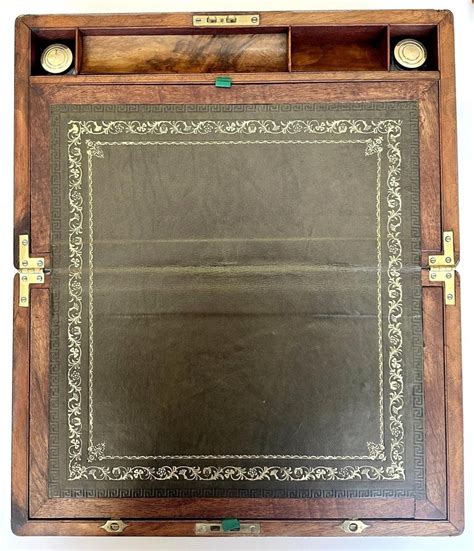 Antique Victorian Brass Burl Walnut Traveling Desk Wooden Writing Slope